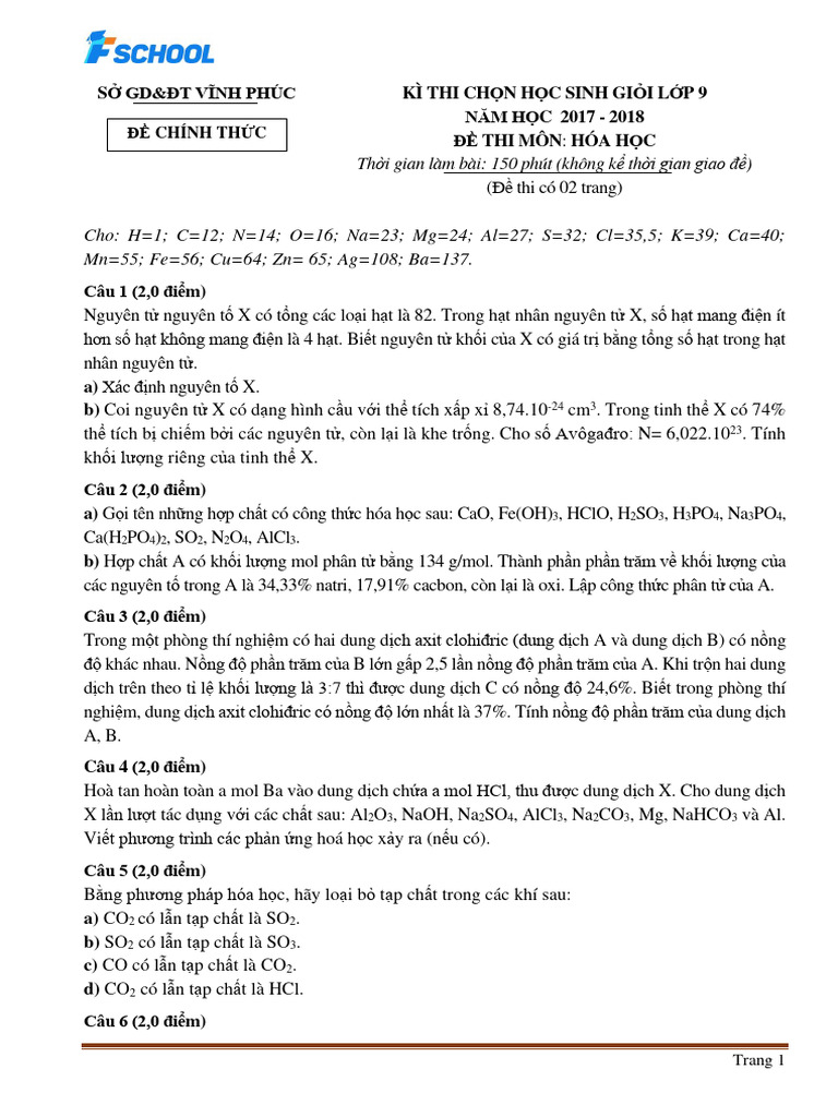 De Thi HSG Hoa 9 So GD and DT Vinh Phuc Co Dap An 23300b1b92 | PDF