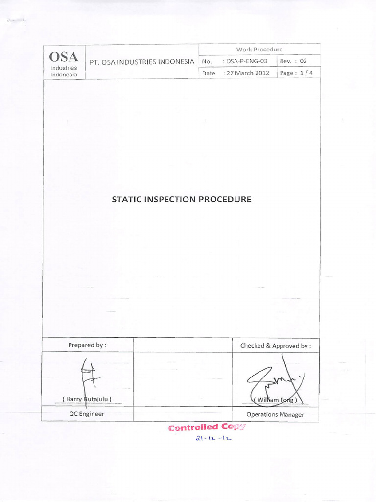 OSA-P-ENG-03 Static Inspection Procedure | PDF