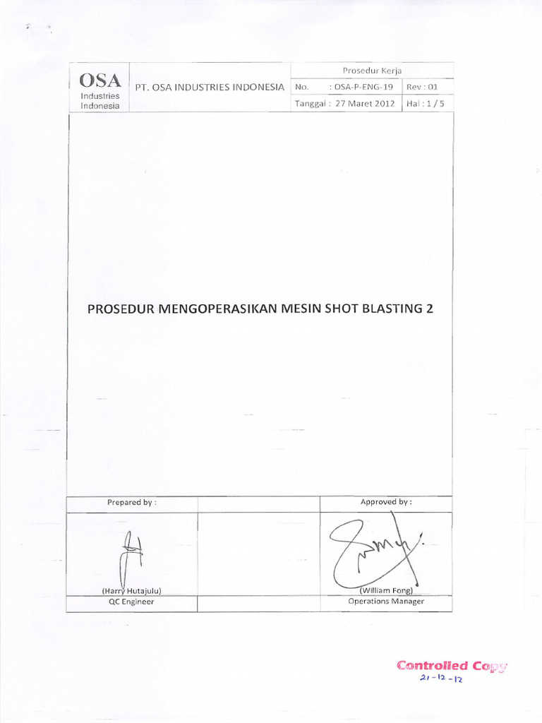 OSA-P-ENG-19 Prosedur Mengoperasikan Mesin Shoot Blasting 2 | PDF