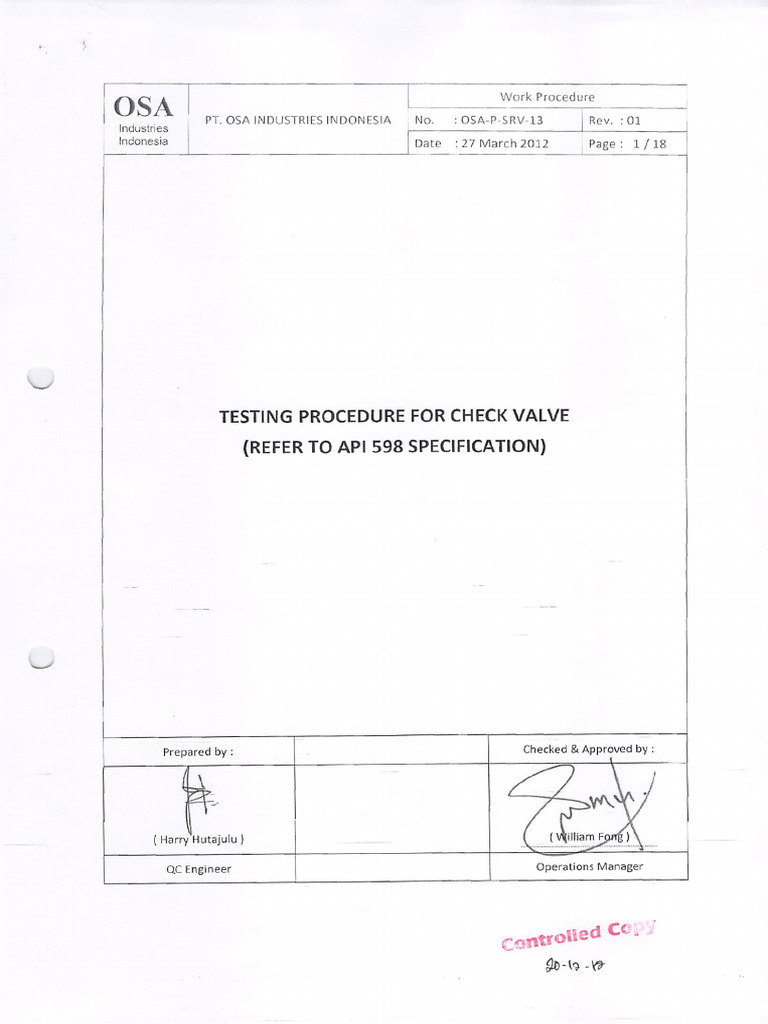 OSA-P-SRV-13 Testing Procedure For Check Valve (Refer To API 598 ...