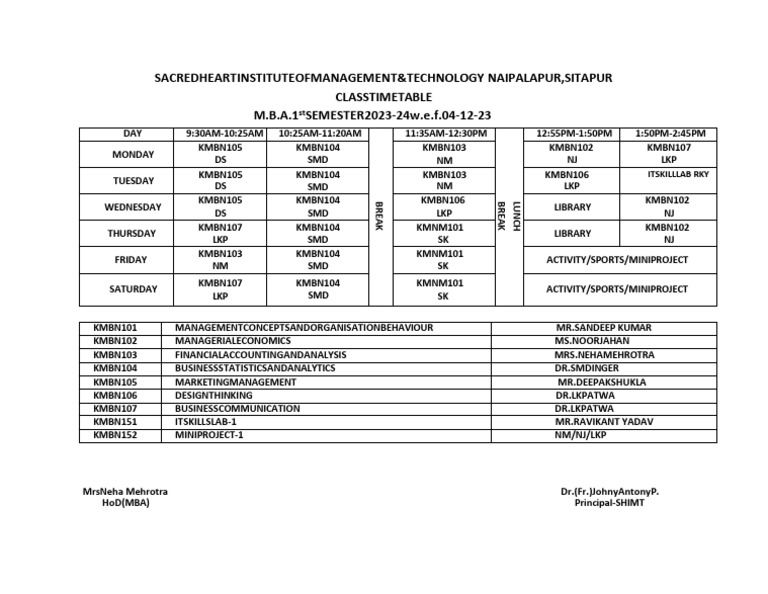 Time Table MBA 1st SEM 2023-24 | PDF