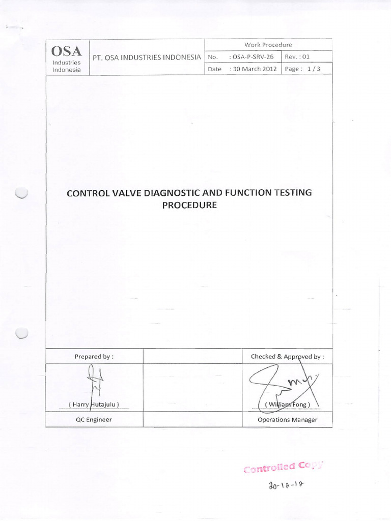 OSA-P-SRV-26 Control Valve Diagnostic and Function Testing Procedure | PDF