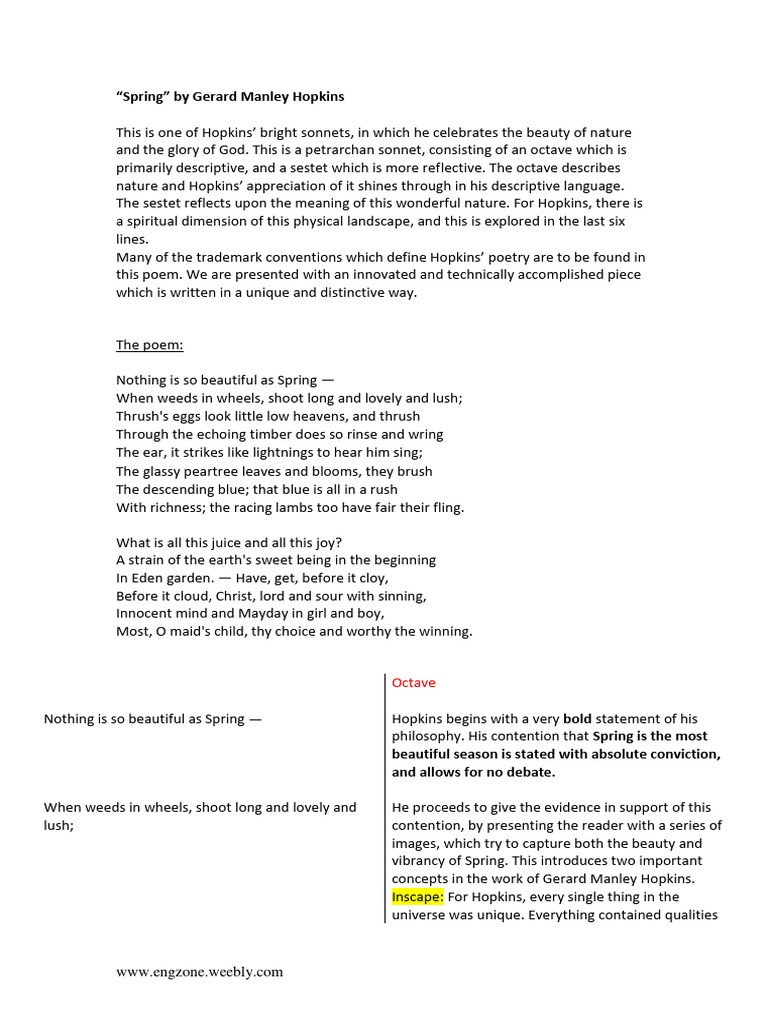 ENGLISH FAL GRADE 12 WORKSHEET - Spring POETRY - SPRING - GM HOPKINS | PDF