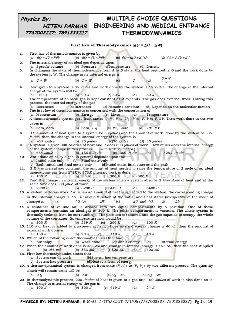 Class 11 Thermodynamics MCQs and Answers | PDF | Gases | Heat