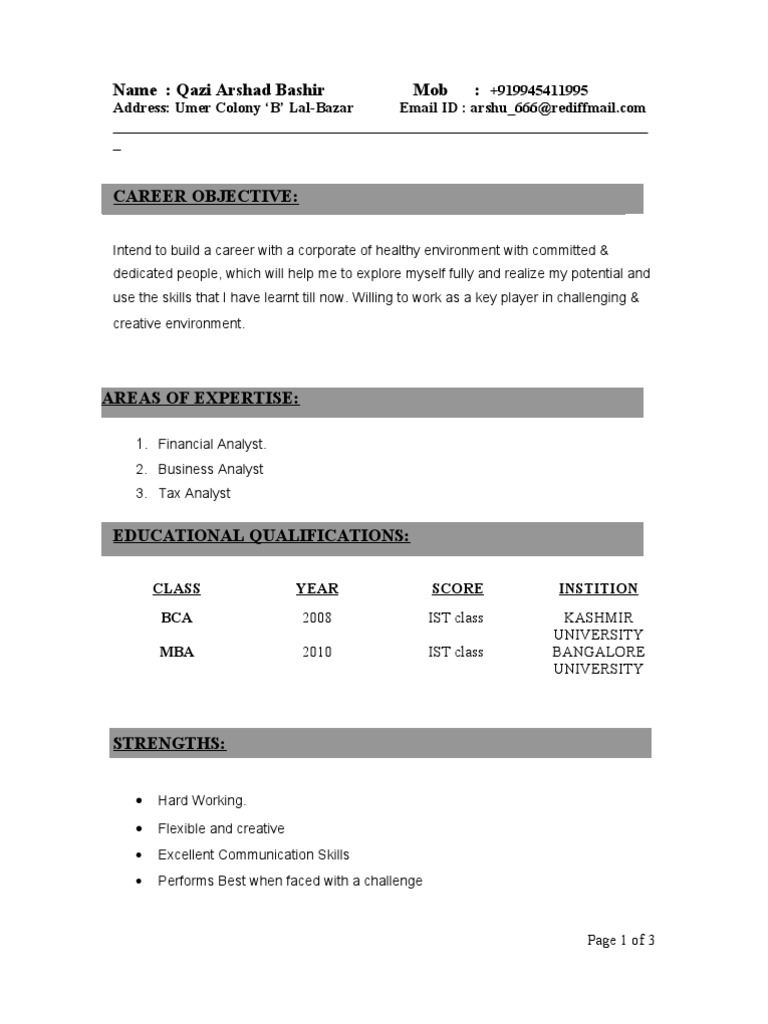 Qazi Arshad Bashir - Financial Analyst CV | PDF | Career & Growth
