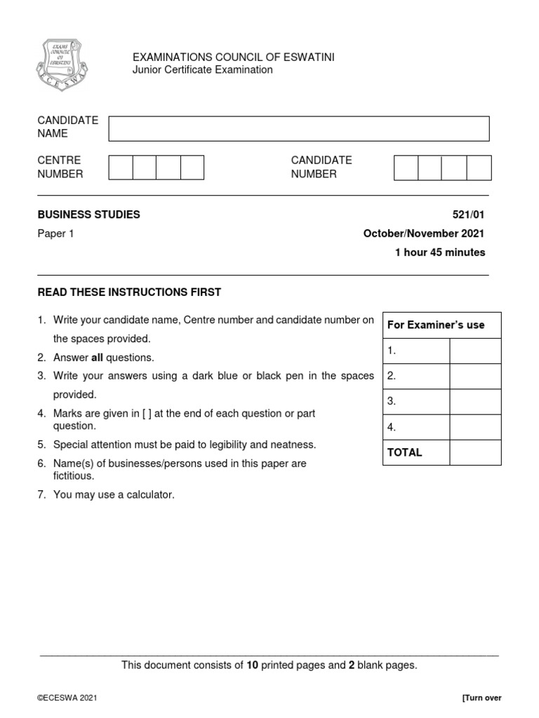 JC Business Studies 2021 Question Paper 1 | PDF | Supply And Demand ...