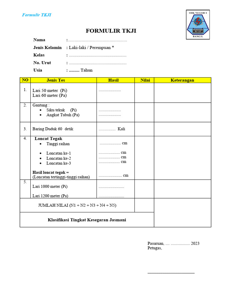 Formulir Tes Kebugaran Jasmani TKJI | PDF | Olahraga & Rekreasi