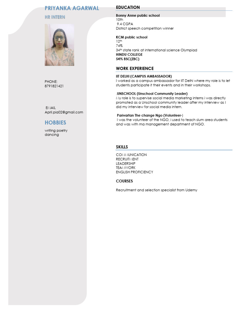 HR Intern Resume of Priyanka Agarwal | PDF | Career & Growth