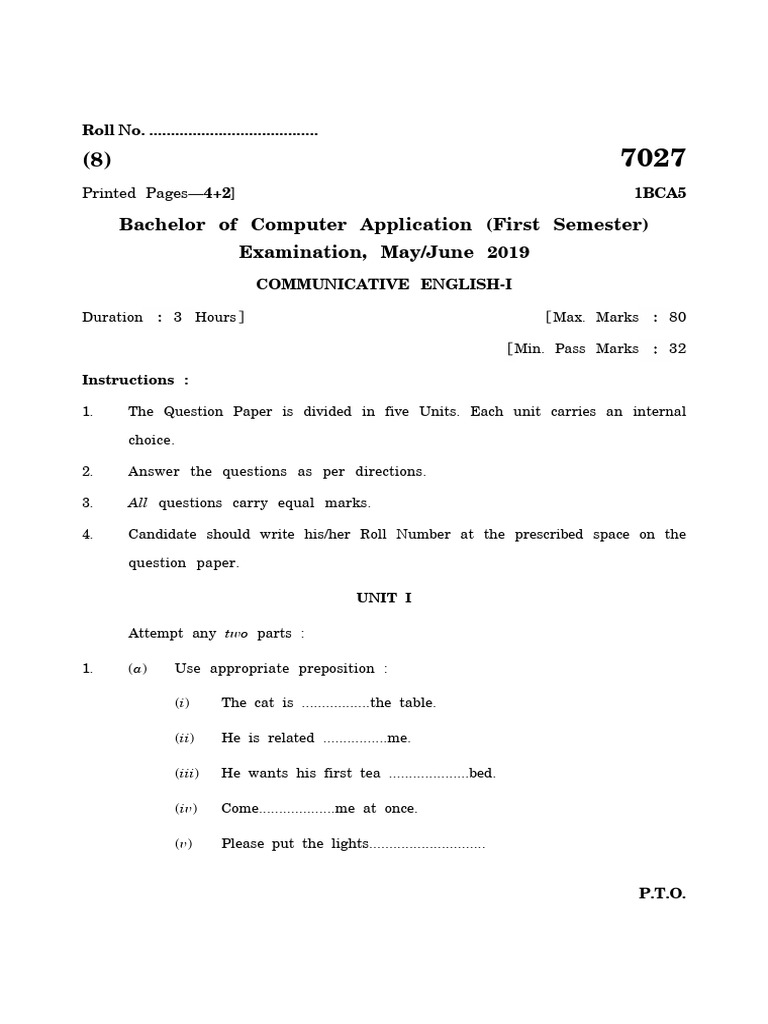 Bachelor of Computer Application (First Semester) Examination, May/June ...