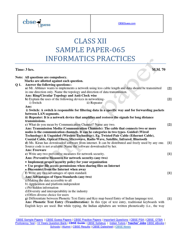 11411solved Sample Paper 2012 XII IP | PDF | Computer Network | Network Topology