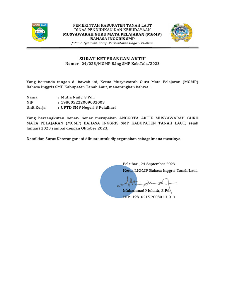 Surat Keterangan Aktif MGMP 2023 | PDF