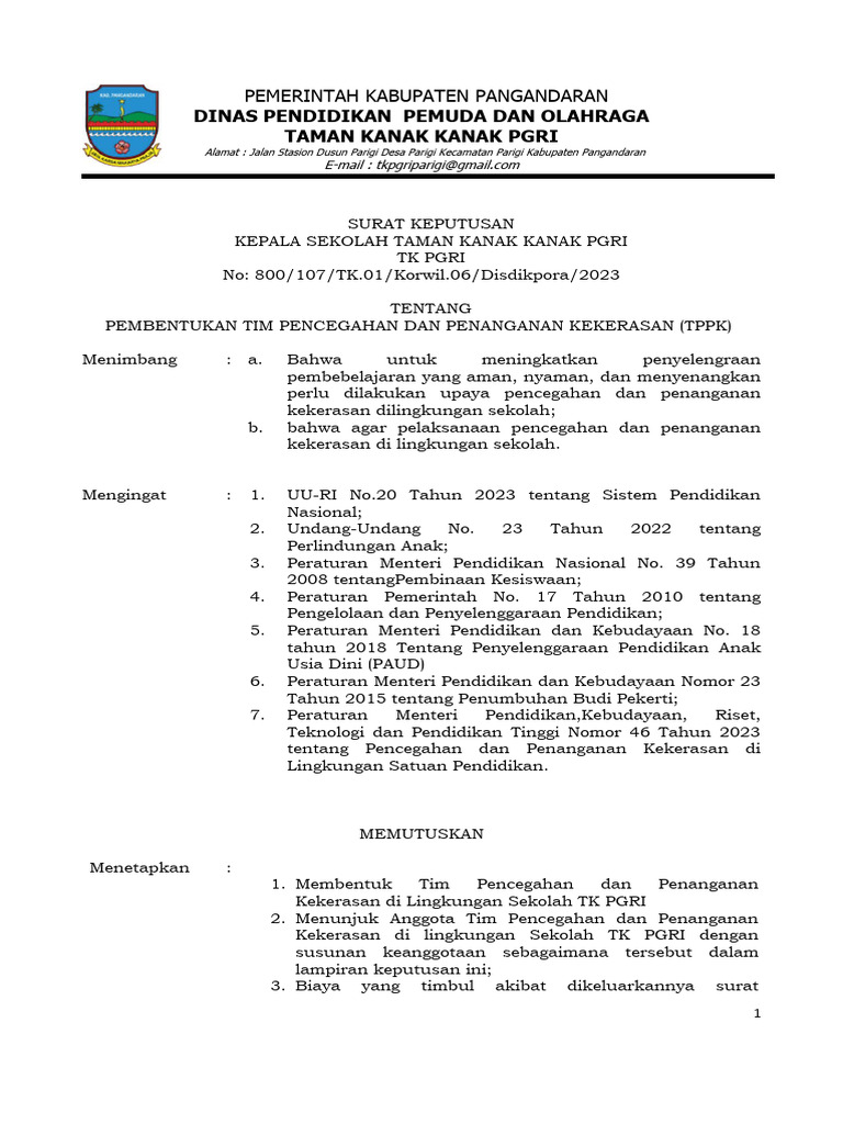 TK Pgri SK Pemebentukan Tim Pencegahan Dan Penanganan Kekerasan (TPPK) | PDF