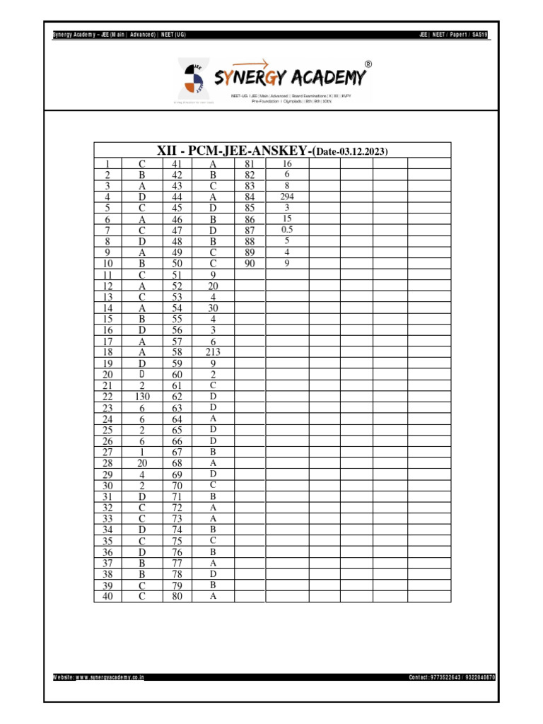 XII - JEE - Anskey - 03.12.2023 | PDF | Standardized Tests | Academia XII - JEE - Anskey - 03.12.2023 | PDF | Standardized Tests | Academia