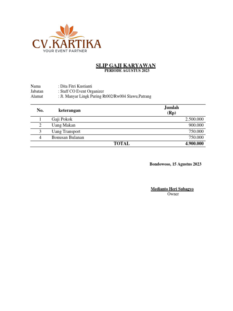 SLIP GAJI KARYAWAN CV KARTIKA Dita Fitri | PDF