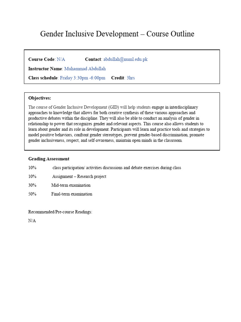 Gender Inclusive Development Outline | PDF | Gender | Gender Studies