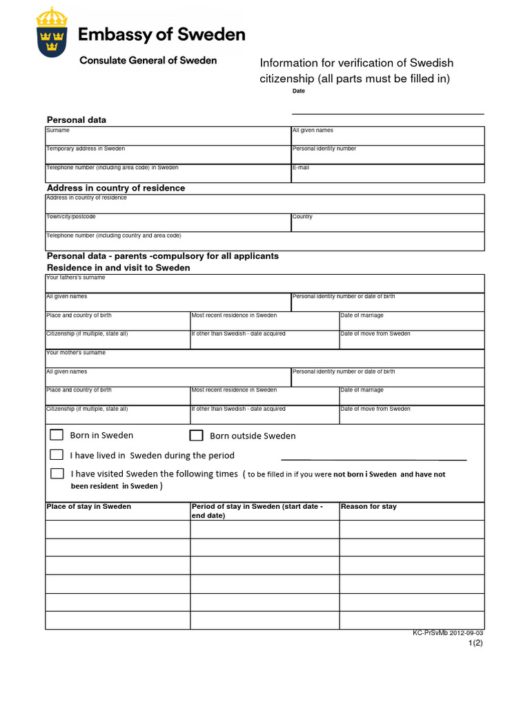 Verification of Swedish Citizenship Form | PDF | Sweden ...