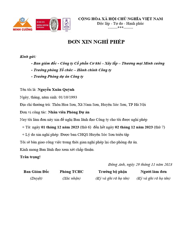 Don Xin Nghi Phep | PDF