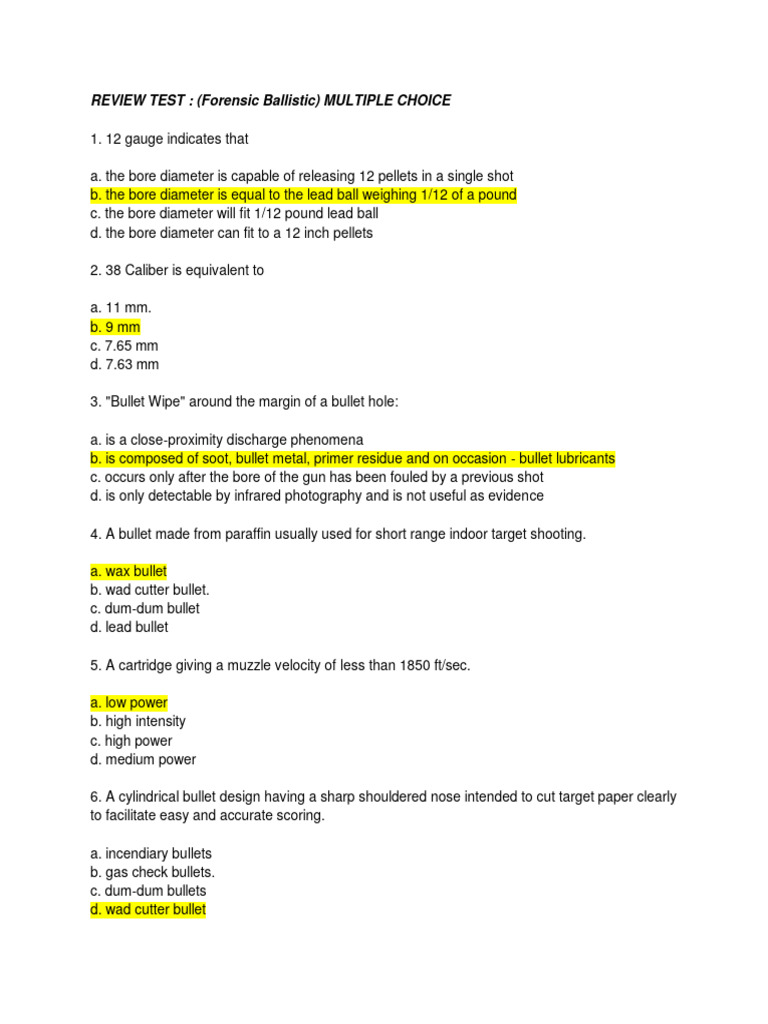 REVIEW TEST: (Forensic Ballistic) MULTIPLE CHOICE | PDF | Caliber | Bullet