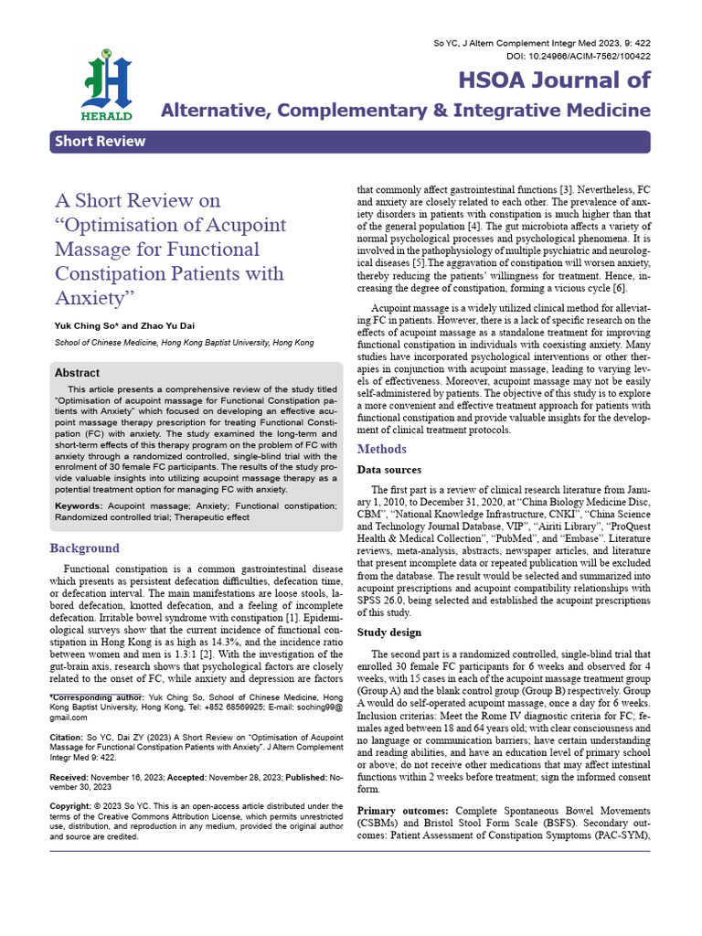 A Short Review On Optimisation of Acupoint Massage For Functional ...