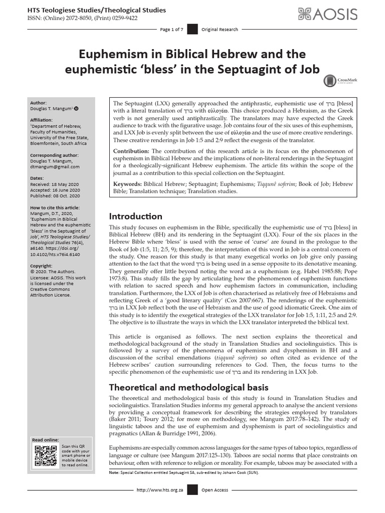 Euphemism in Biblical Hebrew and The Eup-69133450 | PDF | Septuagint | Translations