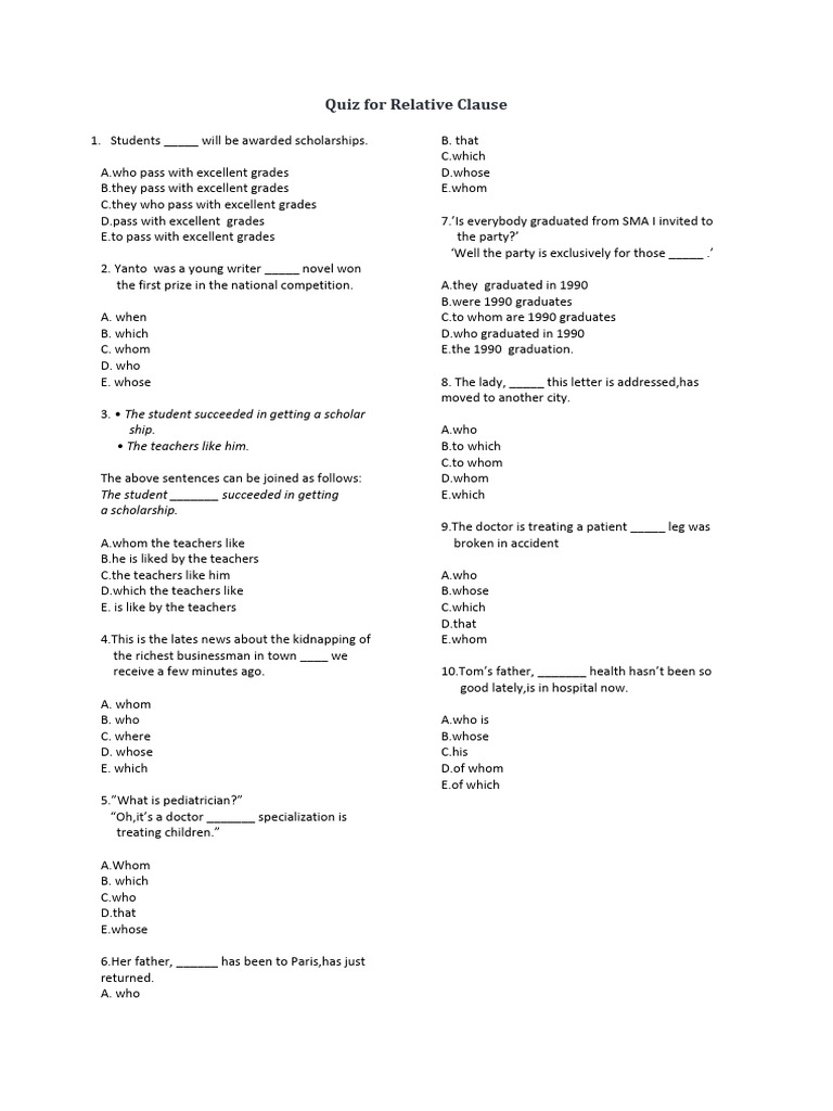 Relative Clause Quiz with Answers | PDF | Health Care | Medicine