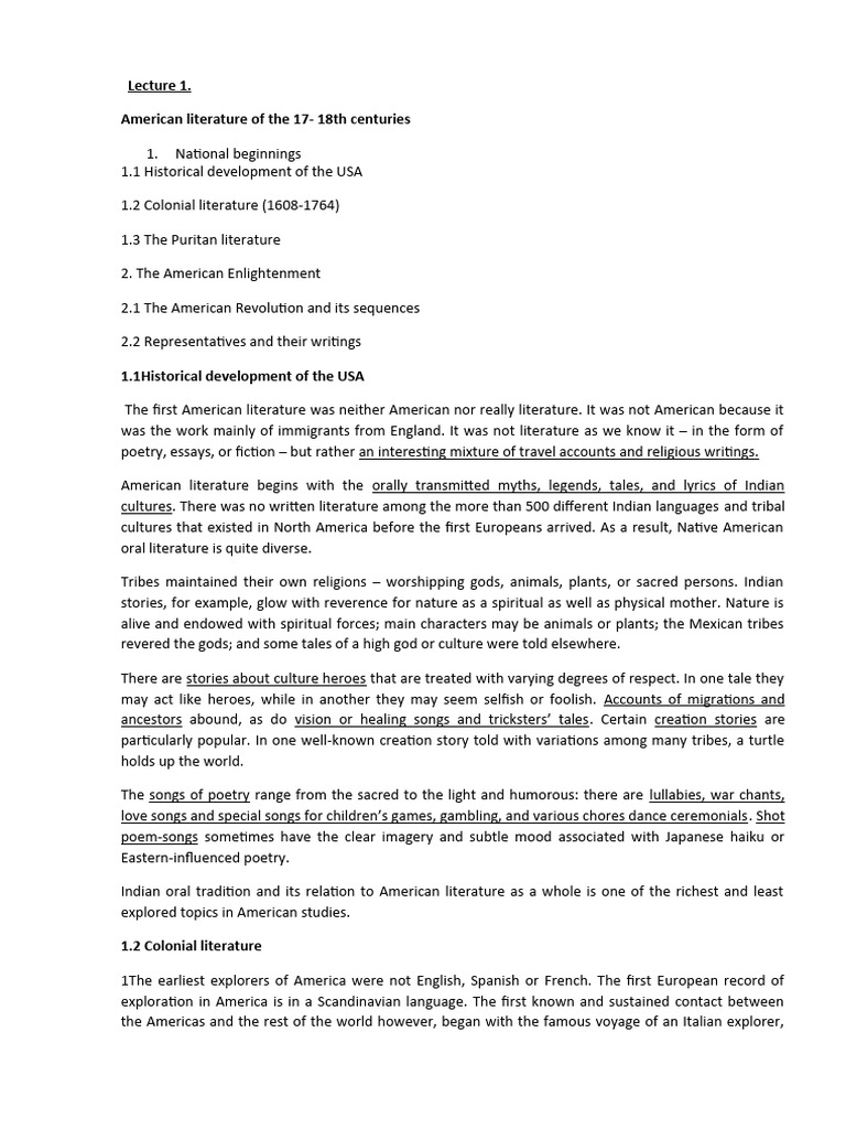 Lecture 1 AL American Literature of The 17th-18th Centuries | PDF ...