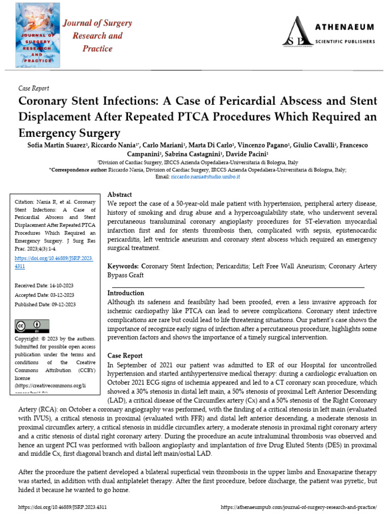 Coronary Stent Infections A Case of Pericardial Abscess and Stent ...