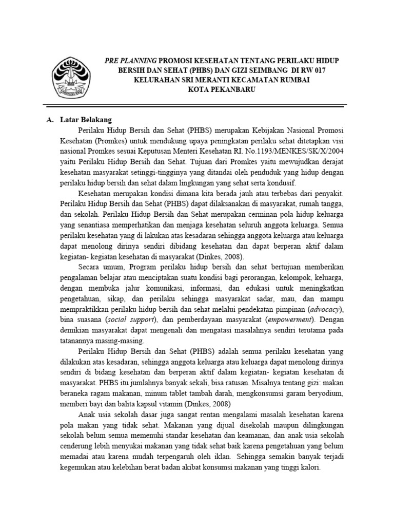 Fix Pre Planning Phbs Dan Gizi Seimbang (Aus) | PDF