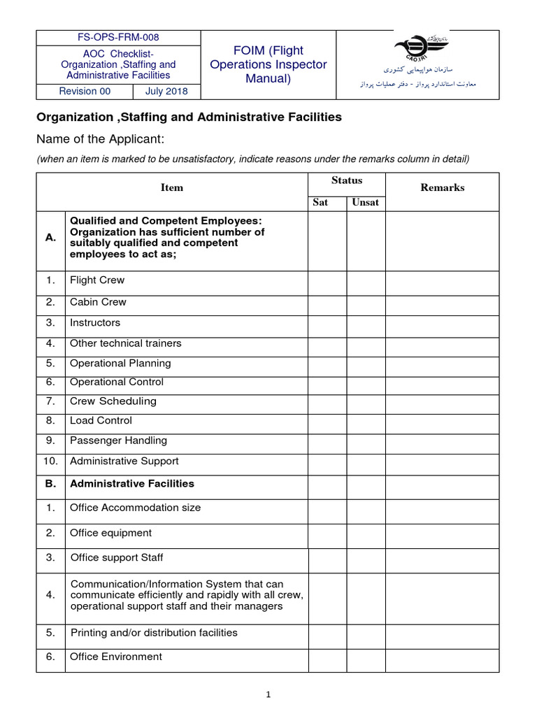 AOC Checklist - Organization, Staffing and Administrative Facilities ...