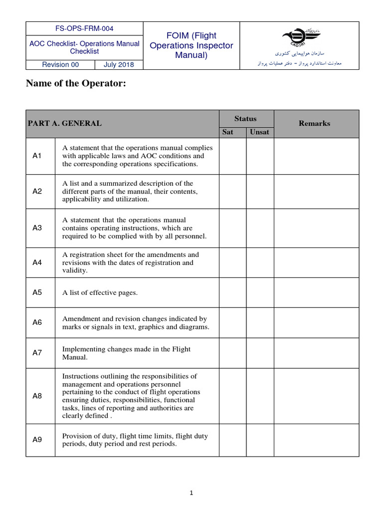 AOC Checklist - Operations Manual Checklist - AOC Checklist ...