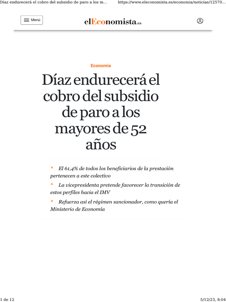 Díaz Endurecerá El Cobro Del Subsidio de Paro A Los Mayores de 52 Años | PDF | Desempleo | Economias