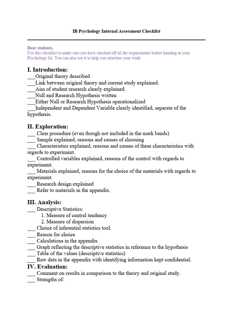 IB Psychology Internal Assessment Checklist: Dear Students | PDF ...