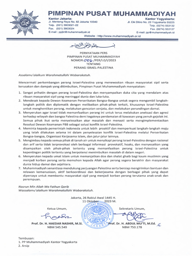 Pernyataan Pers PP MUH - Perang Israel Palestina | PDF