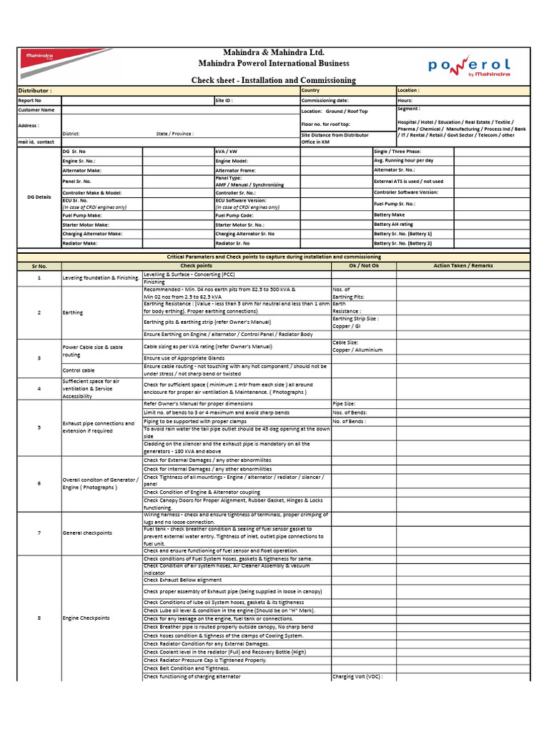 Generator Installation & Commissioning Checklist | PDF | Pipe (Fluid Conveyance) | Alternating ...
