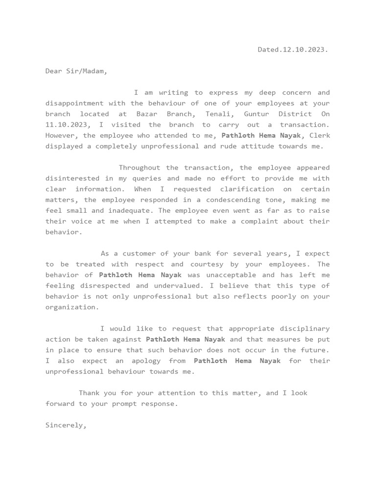 Bank Compliant Letter | PDF