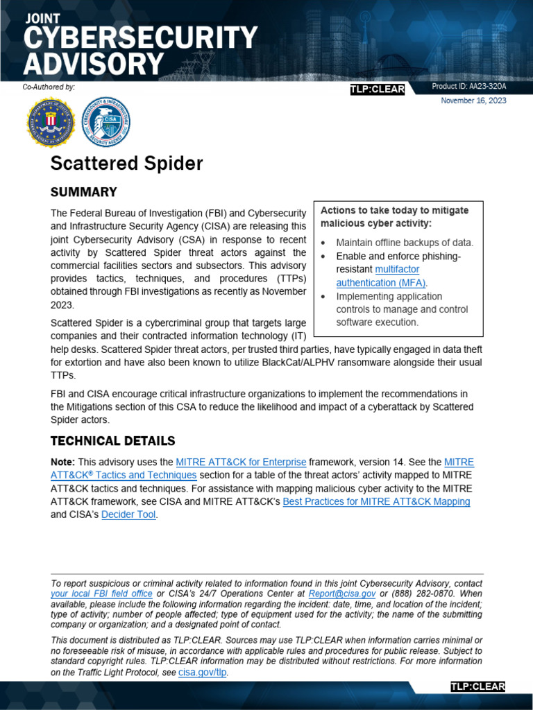 Cybersecurity Advisory - Scattered Spider | PDF | Password | Security