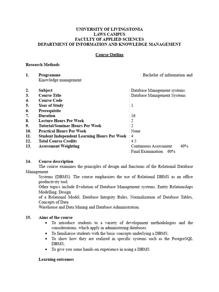 Course Outline For Database Management | PDF | Databases | Relational Model
