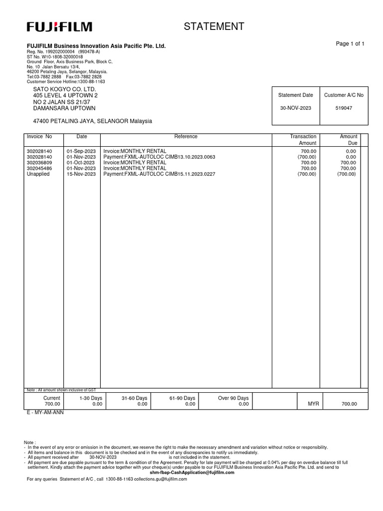 Statement: FUJIFILM Business Innovation Asia Pacific Pte. LTD | Download Free PDF | Invoice ...