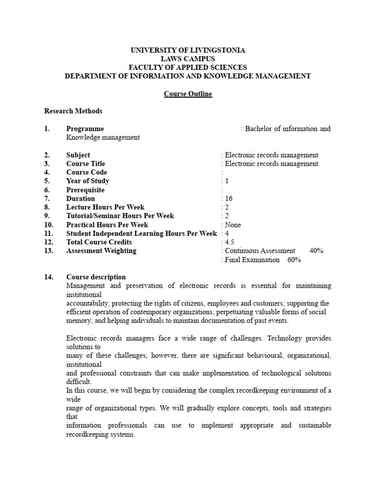 Course Outline For Electronic Records Management | PDF | Records Management | Information