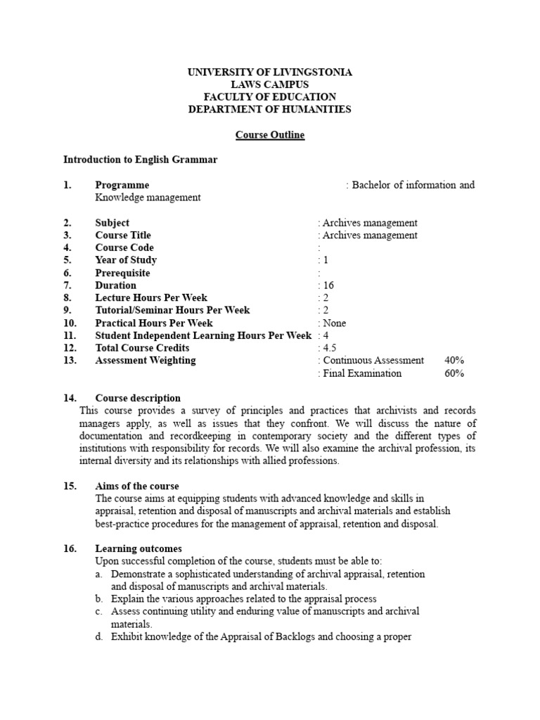 Course Outline For Archives Management | PDF | Archive | Archivist