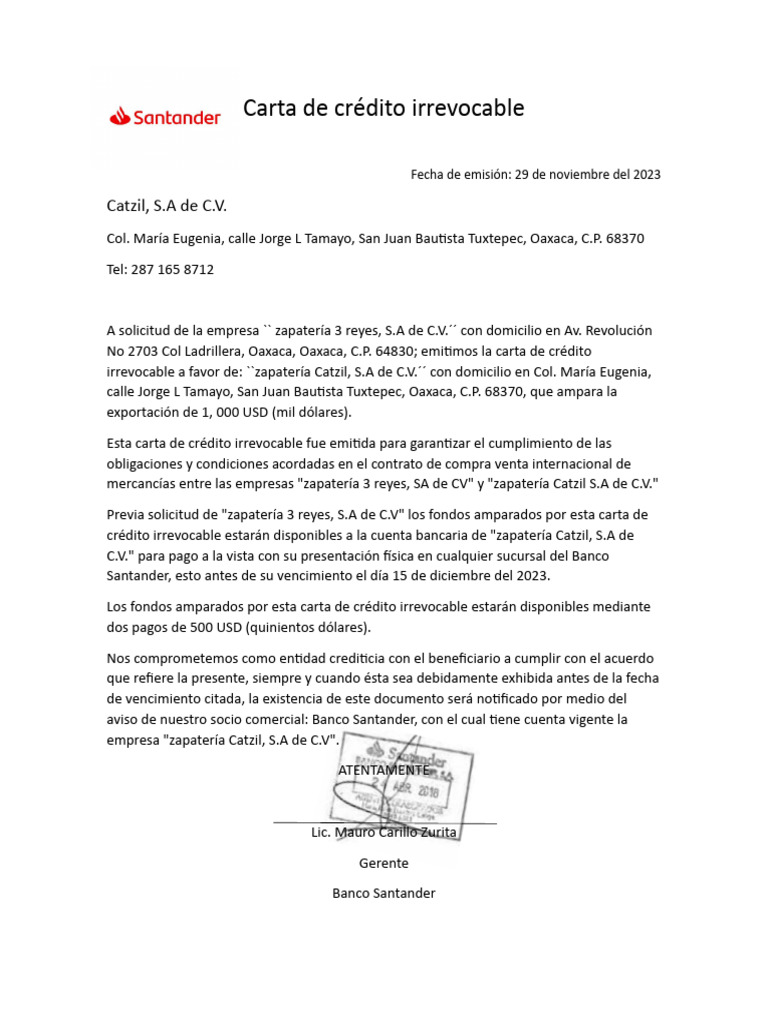 Carta de Crédito Irrevocable Santander | PDF | Finanzas y dinero | Derecho