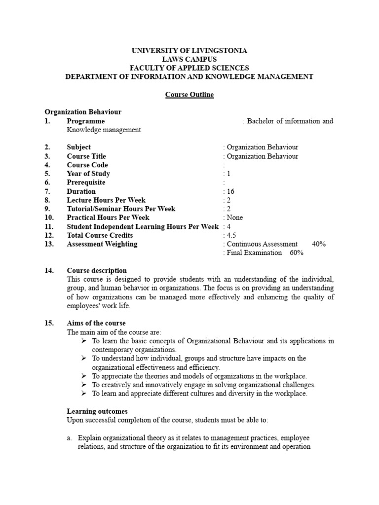 Course Outline For Organization Behaviour | PDF | Psychology ...
