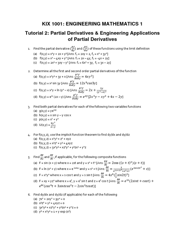 Tutorial 2 Partial Derivatives Engineering Applications of Partial Derivatives | PDF ...