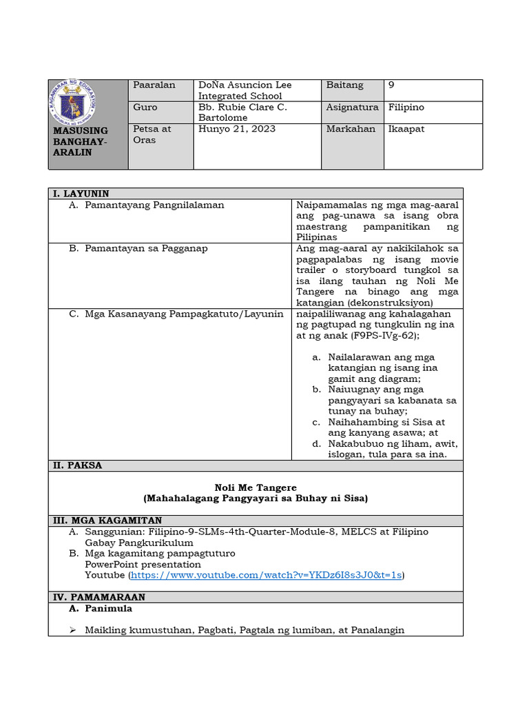 DLP-OBSERVATION - Q4-Week 8-BAITANG-9 - Sisa-MODYUL-8 | PDF