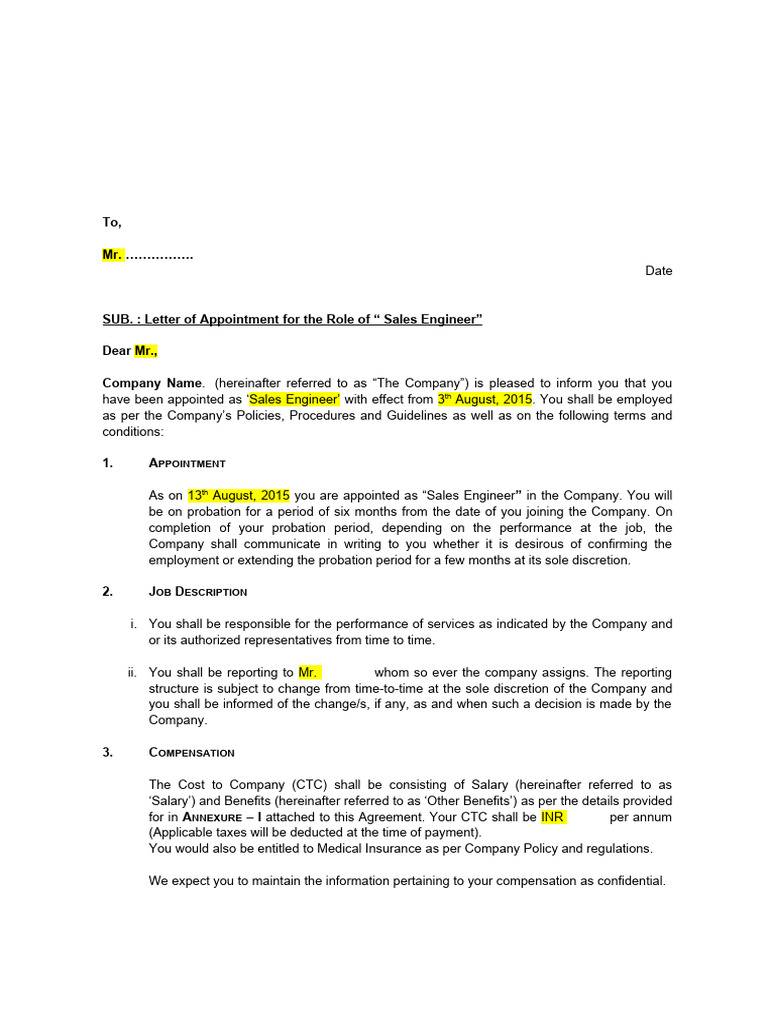 Appointment Letter - Format | PDF | Trade Secret | Employment