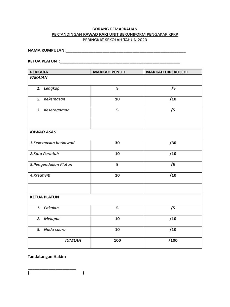 Borang Pemarkahan Pertandingan Perkhemahan Pengakap KPKP | PDF
