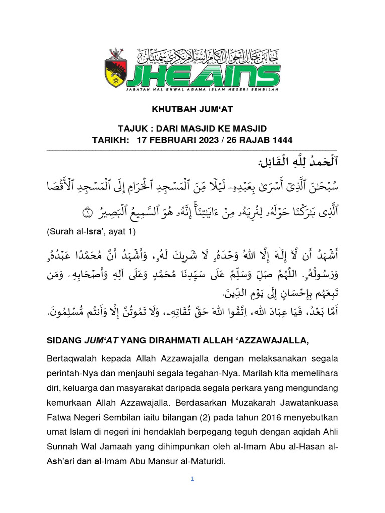 Khutbah Jumaat - 17 Februari 2023 | PDF