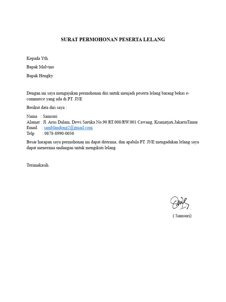 Surat Permohonan Peserta Lelang | PDF