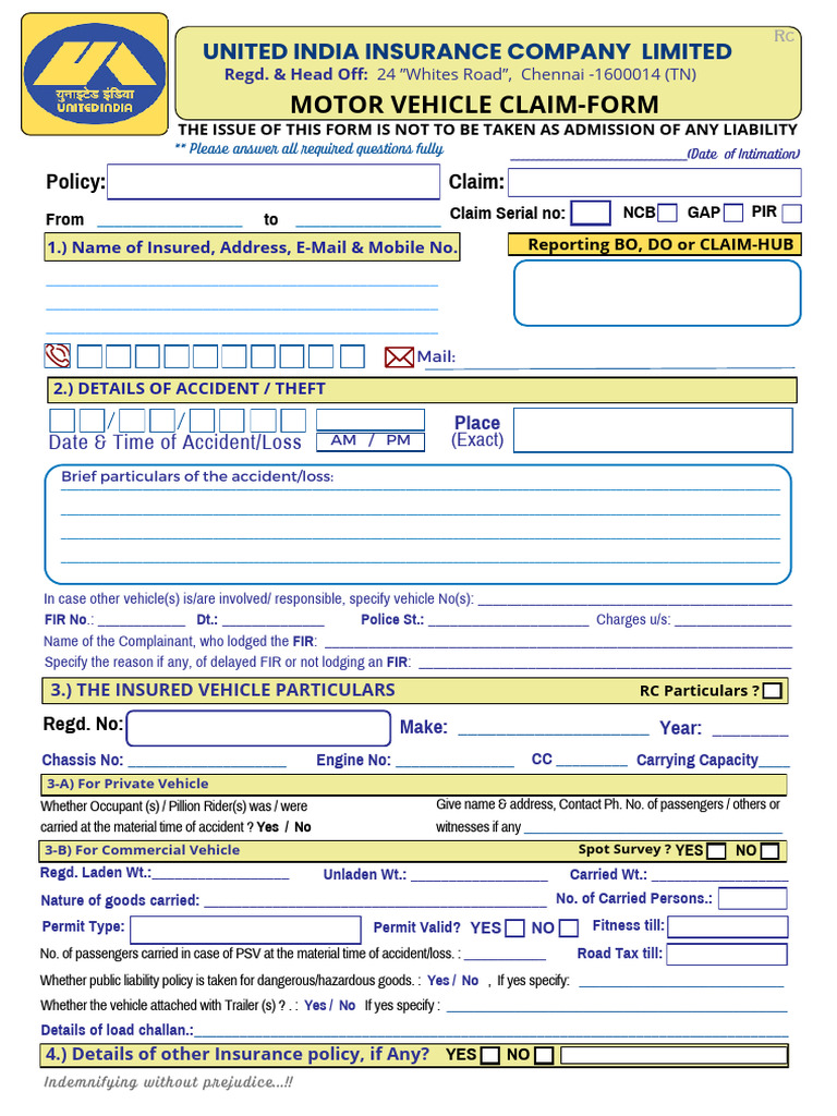 Motor Claim Form United India Insurance Co. Ltd. | PDF | Driver's ...