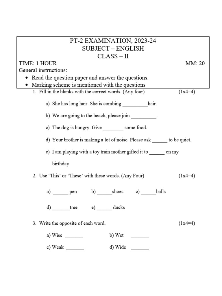 Class 2 English Exam Paper 2023-24 | PDF | Teaching Methods & Materials